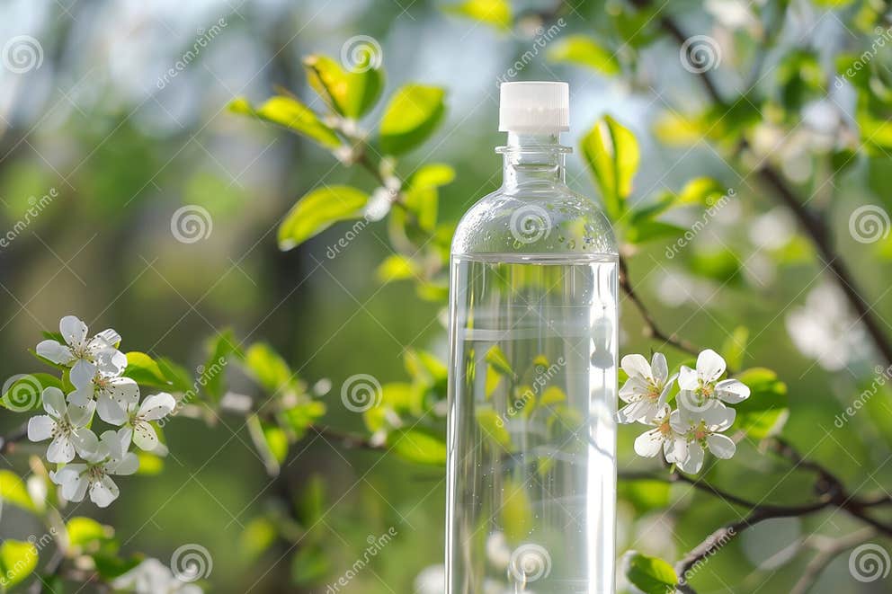Transparent Bottle with Spring and Greenery Backdrop Stock Photo ...