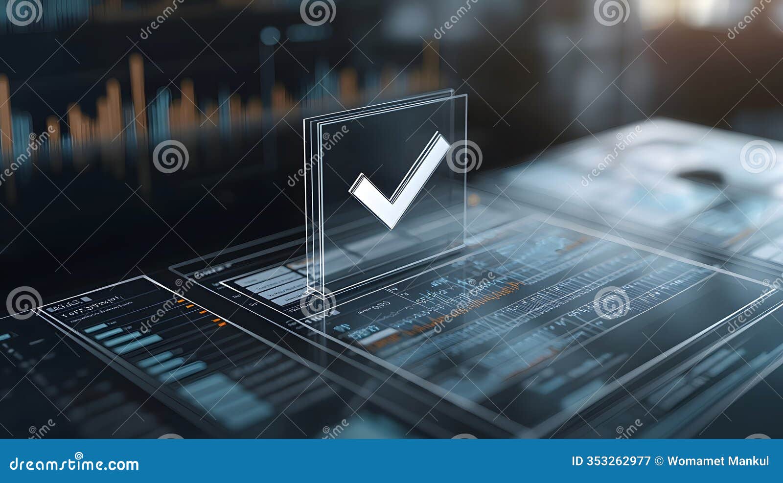 Transparent Checkmark Symbol Overlaid On Financial Data, Modern Business Office Desk Background ...