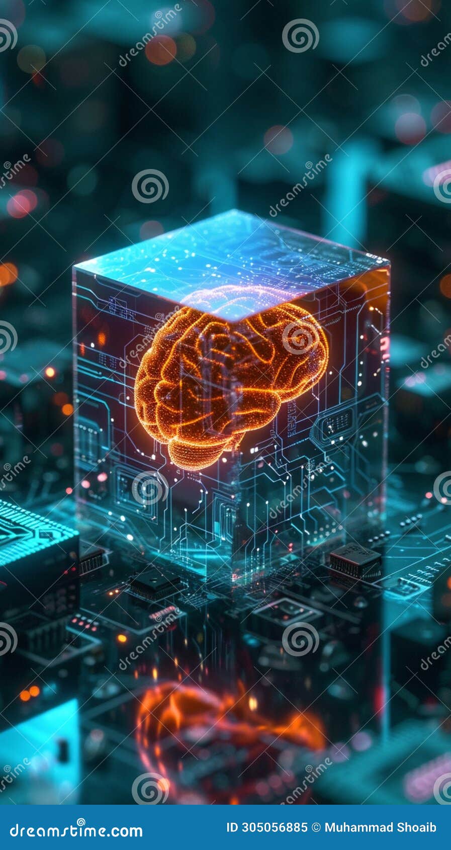 Transparent Cube with Brain on Microchip Circuitry, AI Concept Stock ...