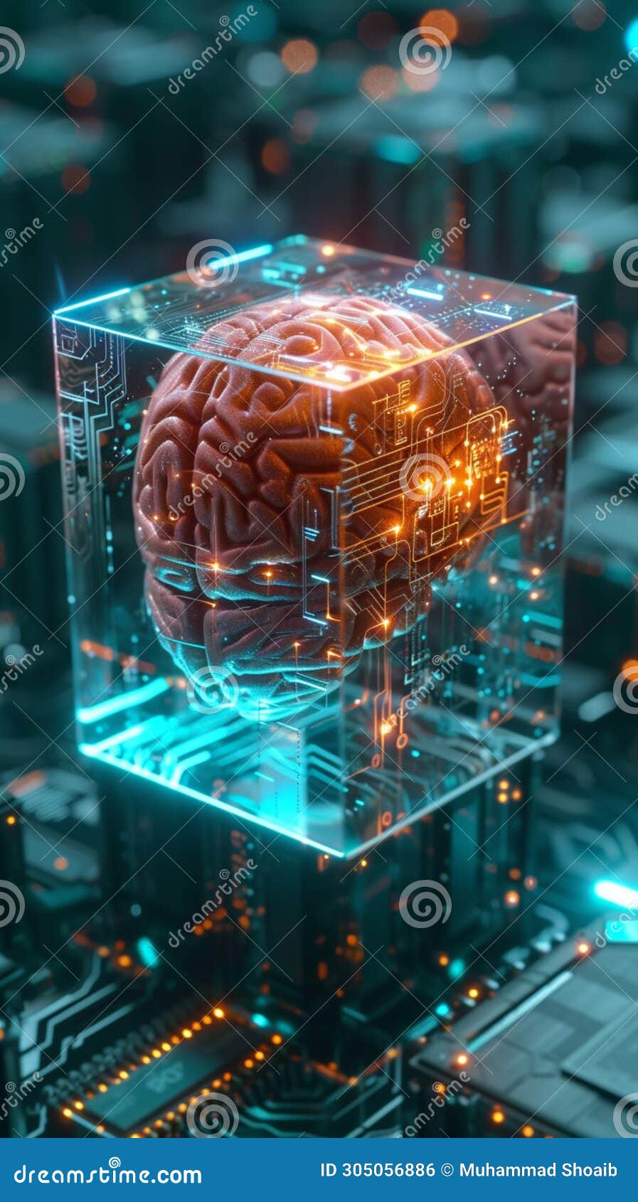 Transparent Cube with Brain on Microchip Circuitry, AI Concept Stock ...
