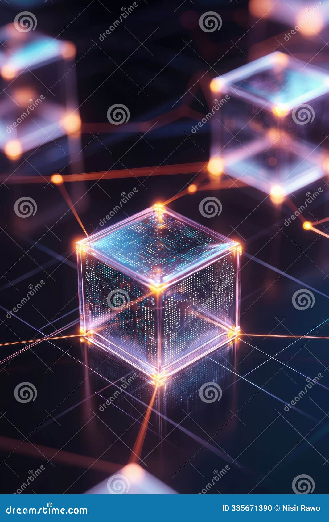 Transparent Cubes Filled with Encrypted Blockchain Data, Connected by ...