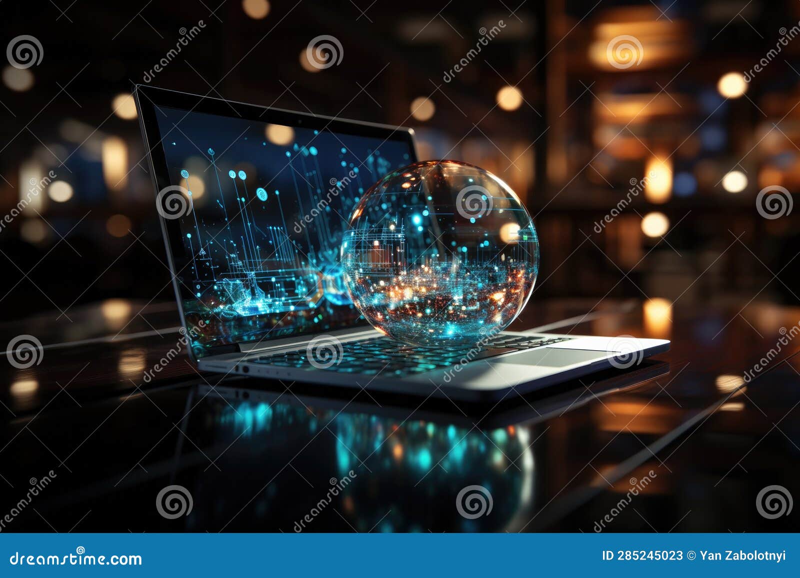 Transparent Digital Laptop and Globe from Transparency of Dots Blue ...