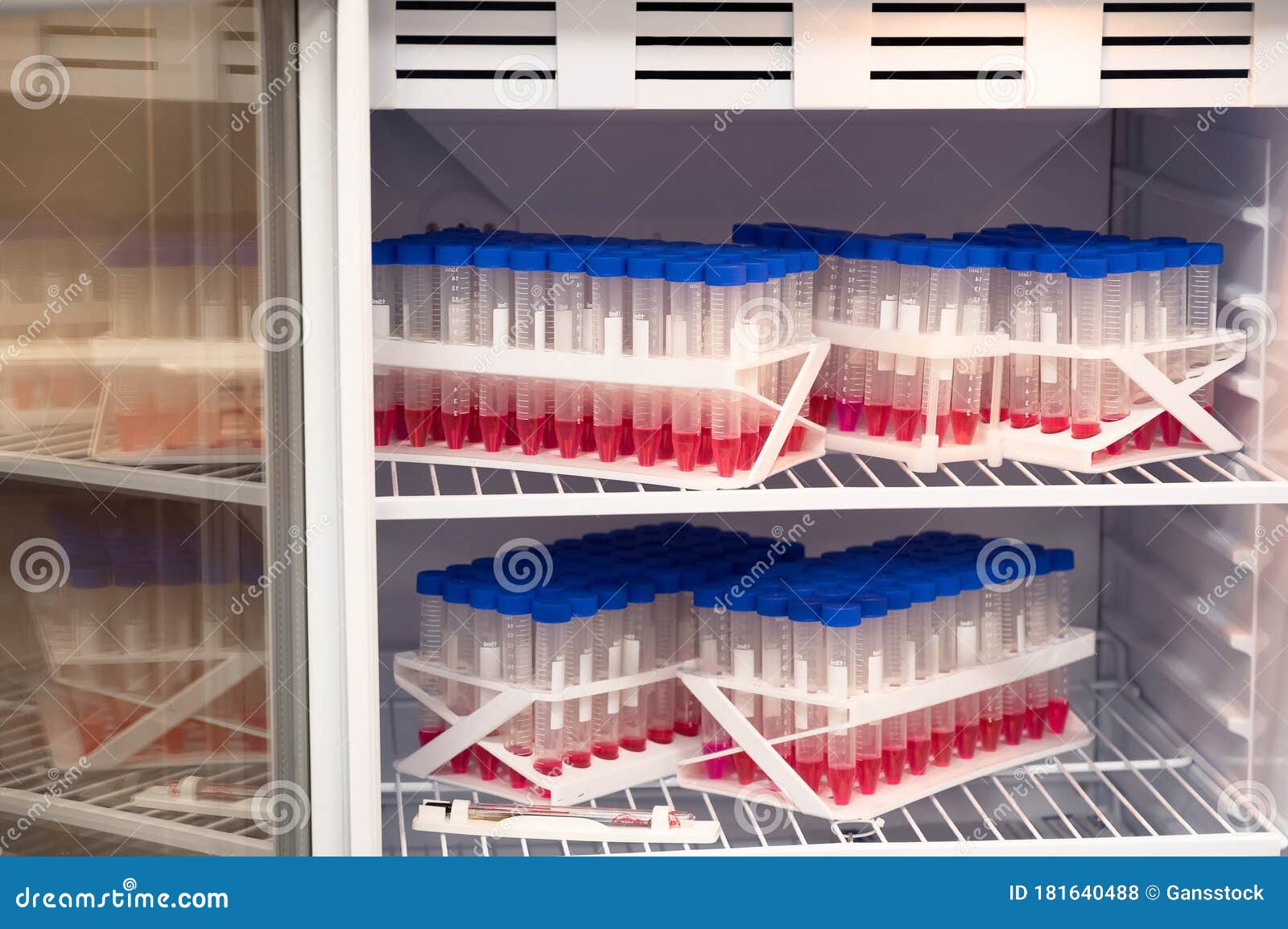 Laboratory Refrigerator with Transparent Flasks with Lids with Patient ...