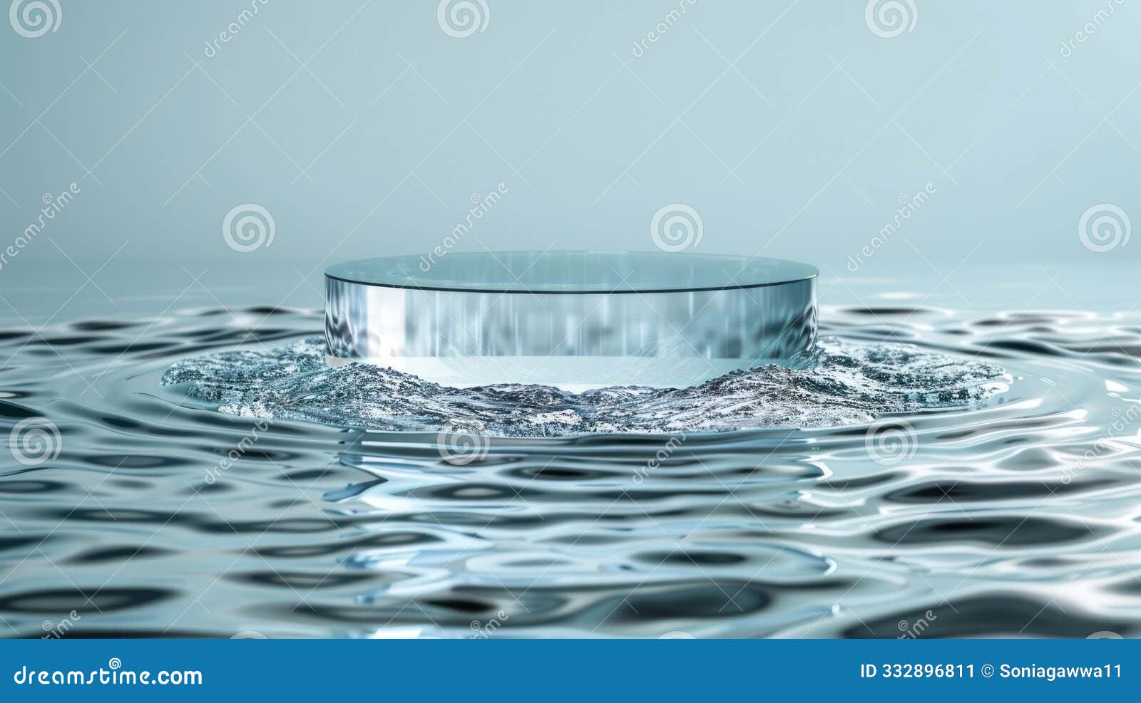 A Transparent Glass Cylinder Platform Floating on Blue Water with ...