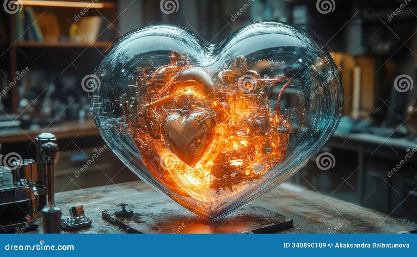Transparent Heart-shaped Engine Glowing with Internal Lights, Sitting ...