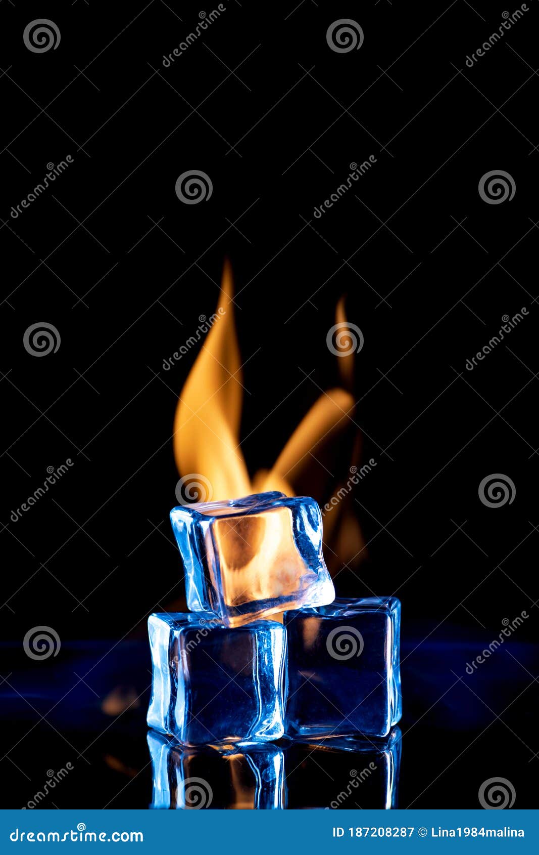 Transparent Ice Cubes on a Black Background with Fire Stock Image ...