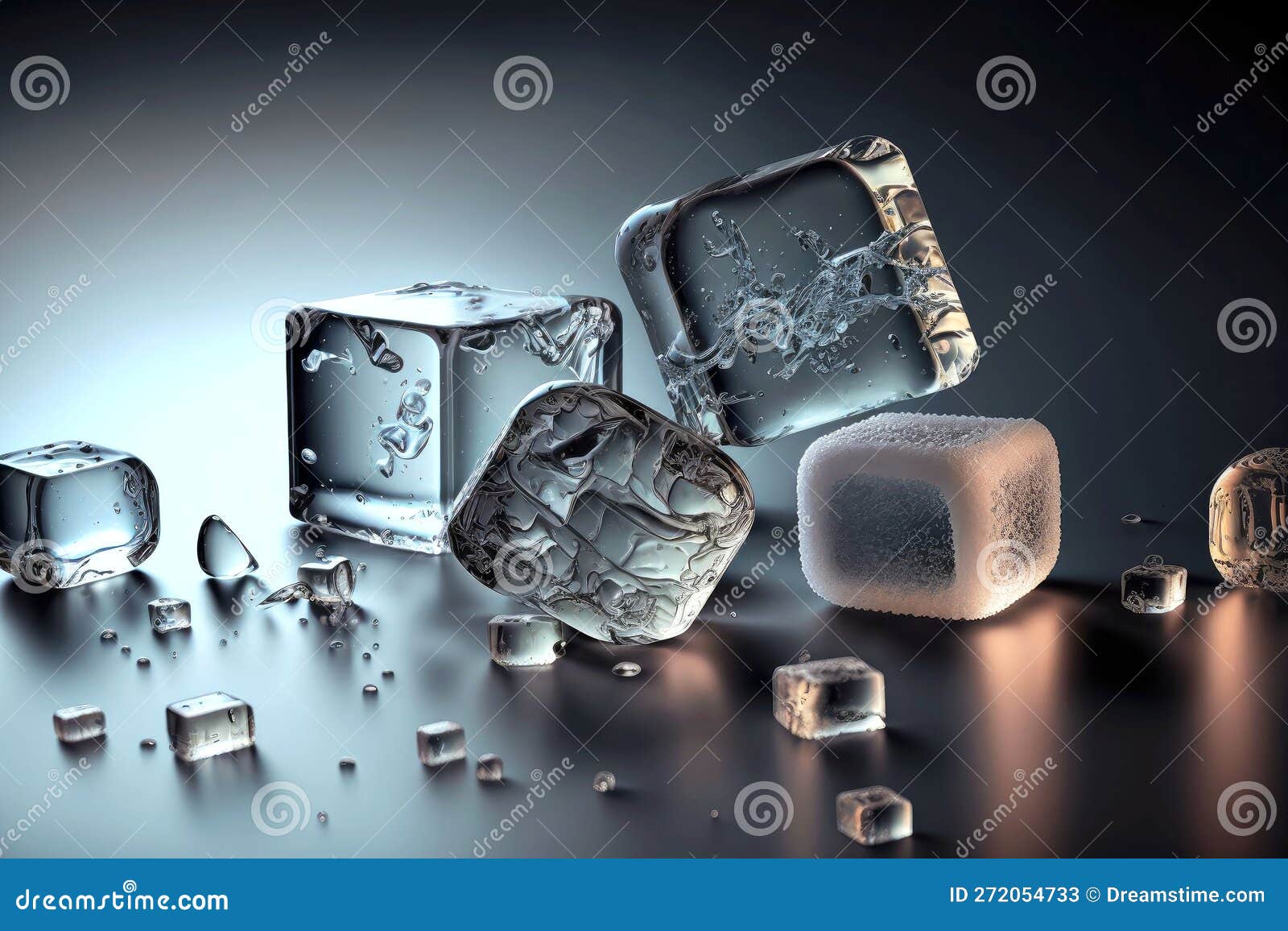 Transparent Ice Cubes of Different Sizes Lying in Heap on Wet Table ...