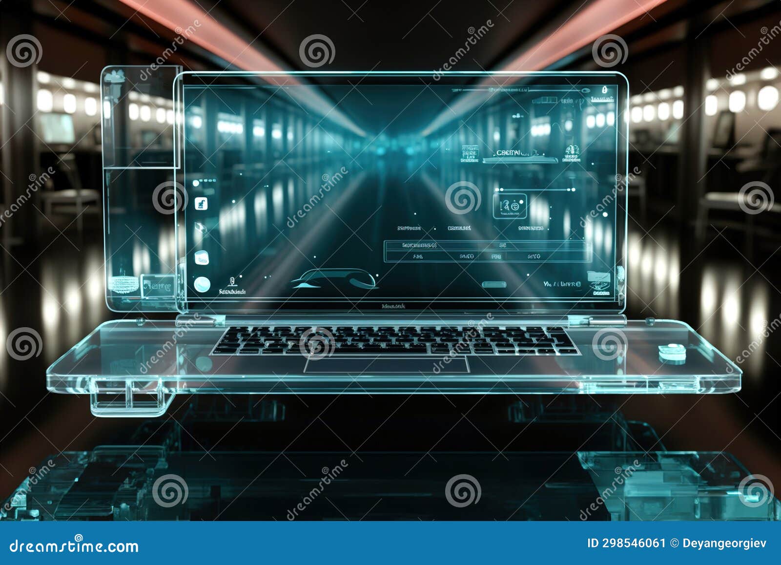Transparent Laptop Computer Sitting on Top of a Glass Table. Hologram ...