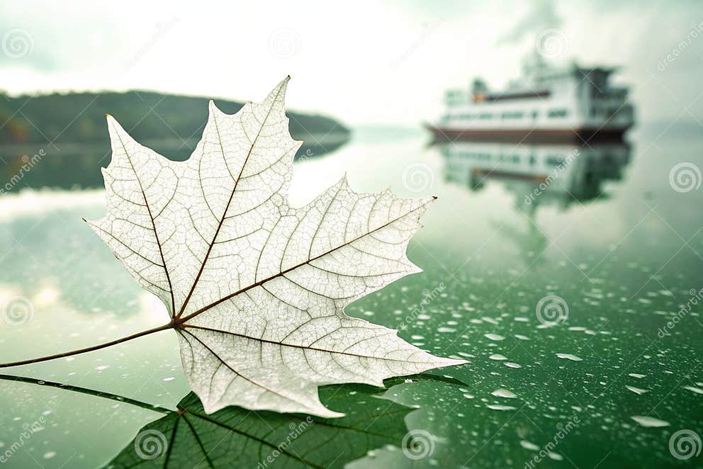 Transparent Leaf Reflection on Mirror Surface with Green Background ...