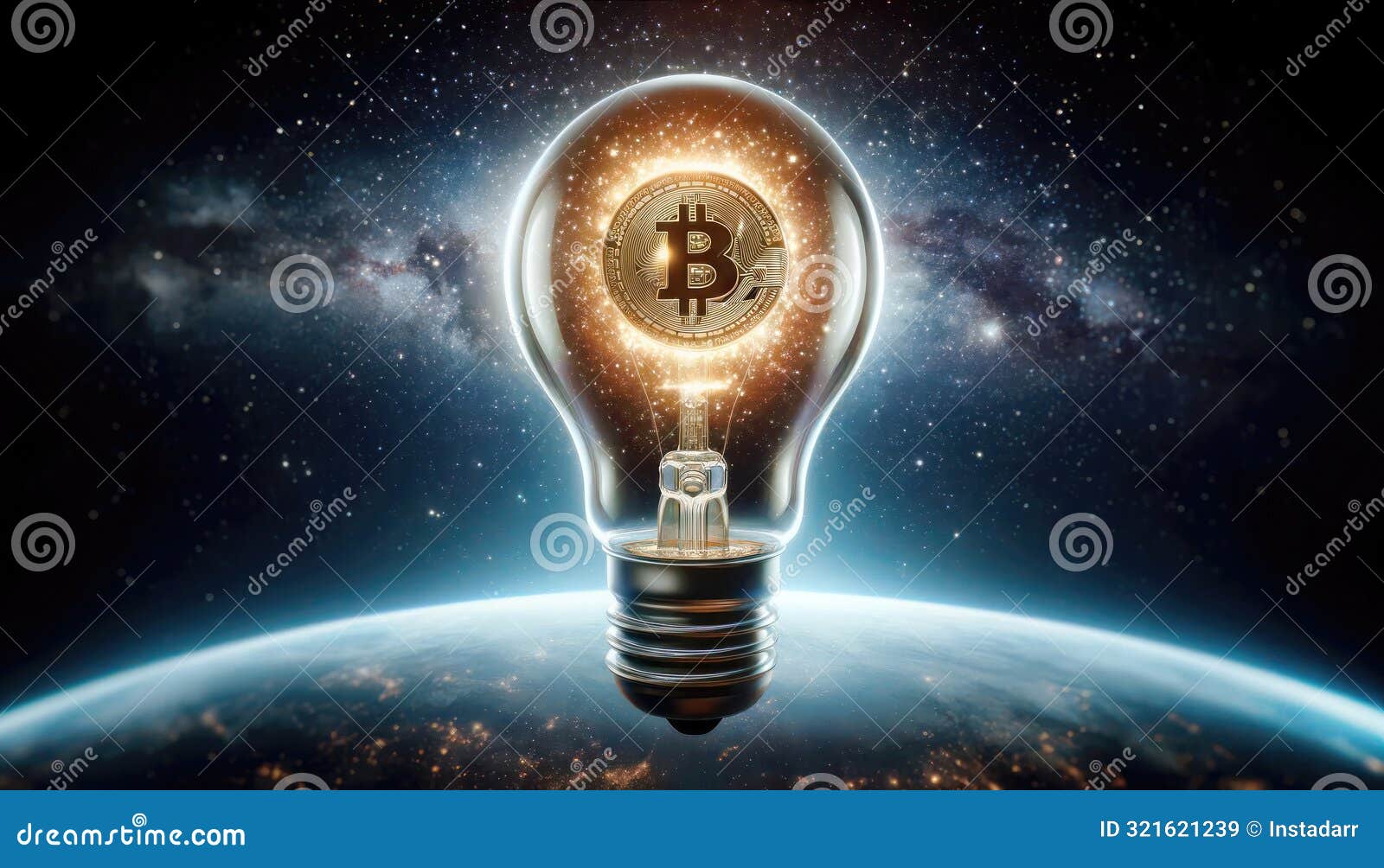 Transparent Light Bulb With Shining Bitcoin Inside, Deep Space Galaxy Background, Knowledge ...
