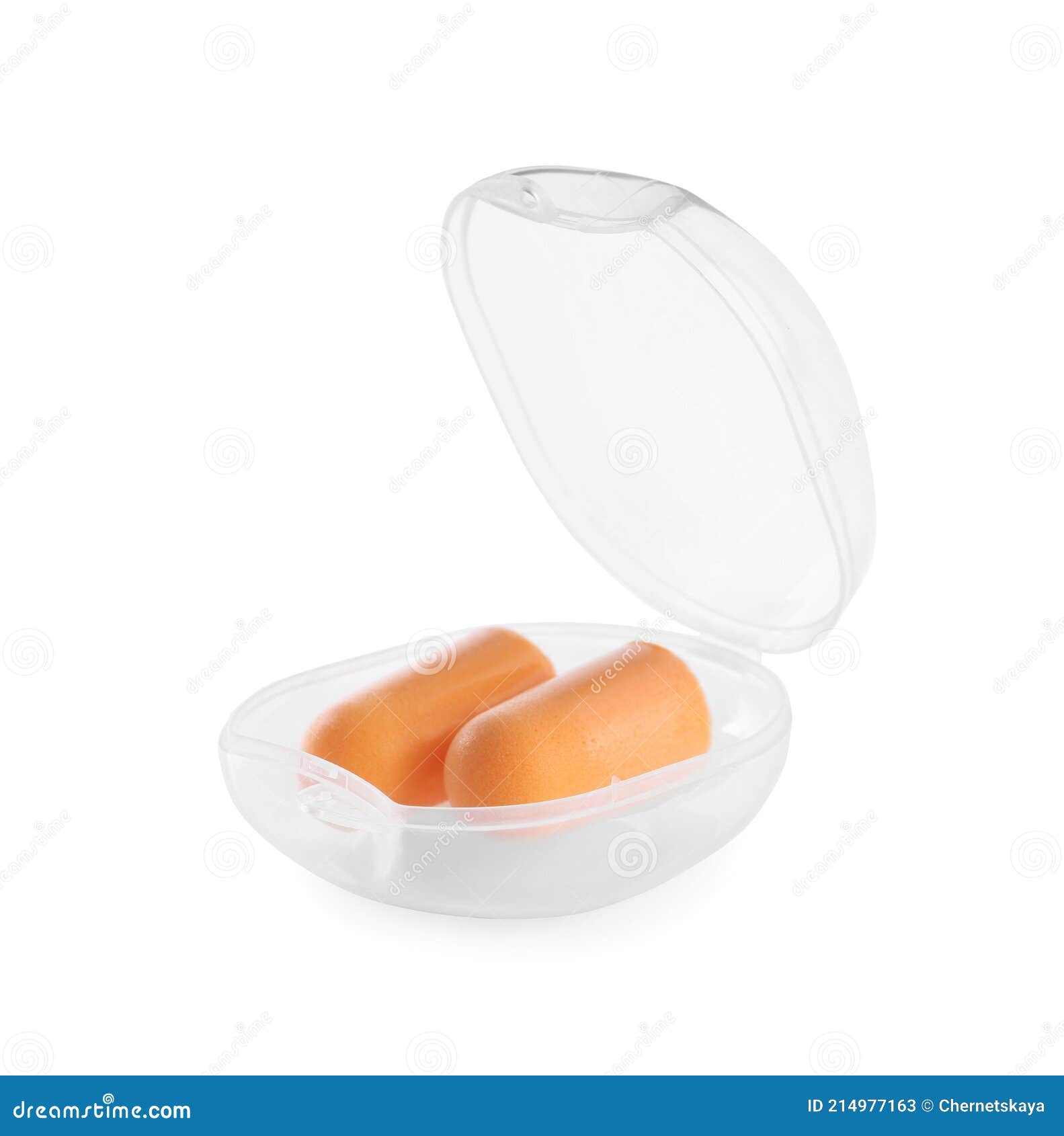 Transparent Plastic Case with Orange Ear Plugs Isolated on White Stock ...
