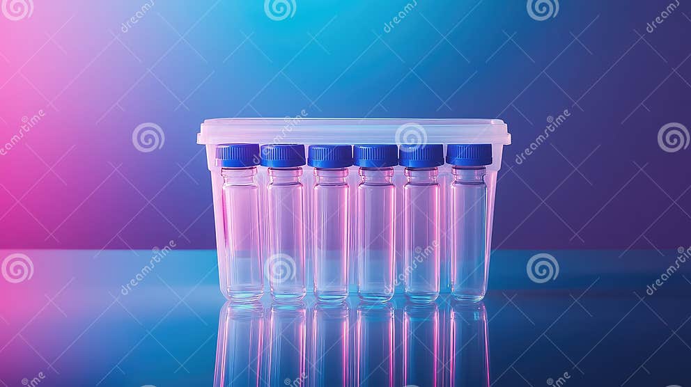 Transparent Plastic Container with Small Vials on Reflective Surface ...