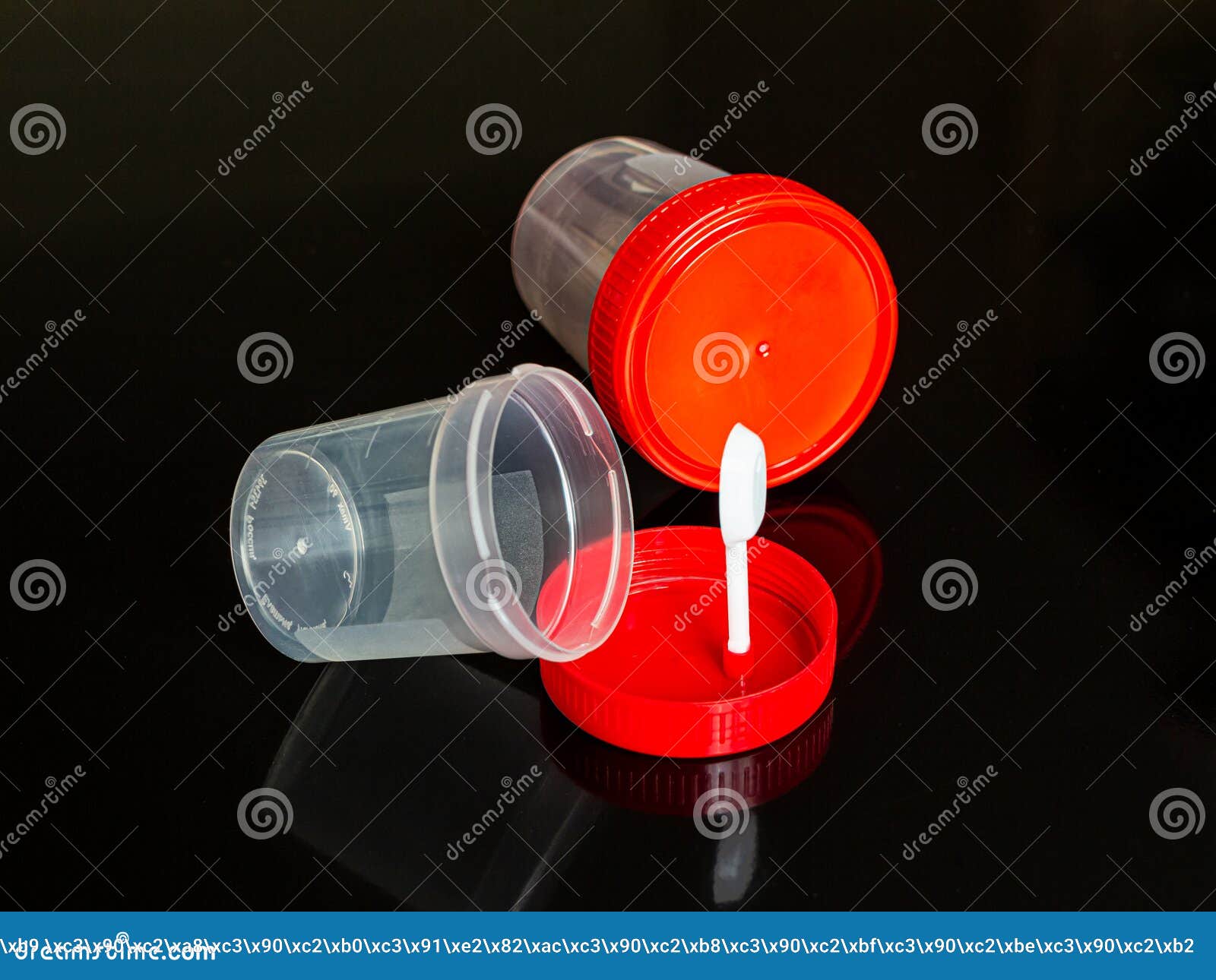 Transparent Plastic Test Containers with Red Lids on a Dark Background ...