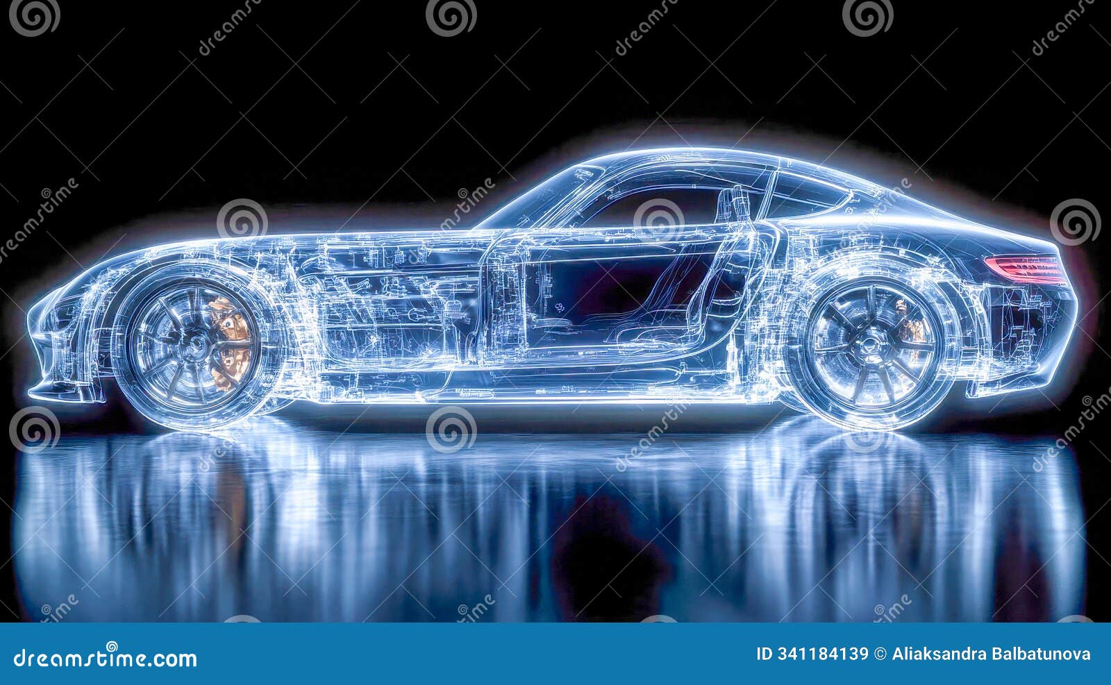 Transparent X-ray View of an Electric Car with Glowing Internal Systems ...
