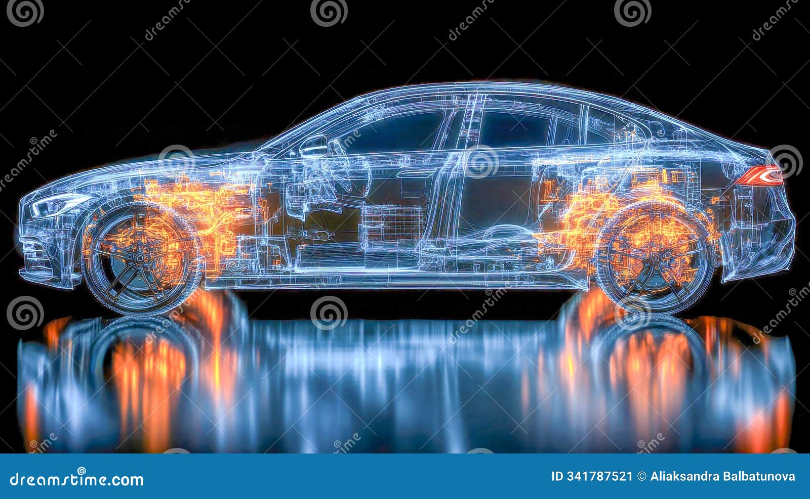 Transparent X-ray View of an Electric Car with Glowing Internal Systems ...