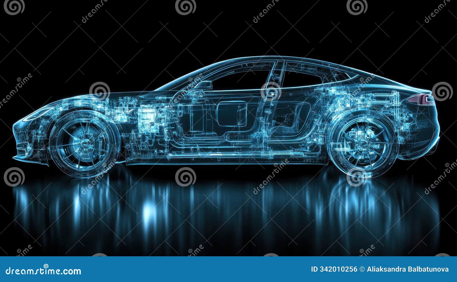 Transparent X-ray View of an Electric Car with Glowing Internal Systems ...