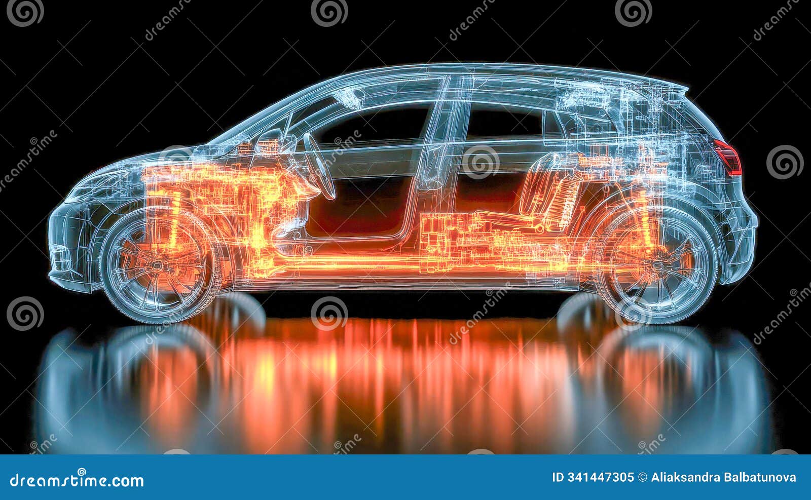 Transparent X-ray View of an Electric Car with Glowing Internal Systems ...