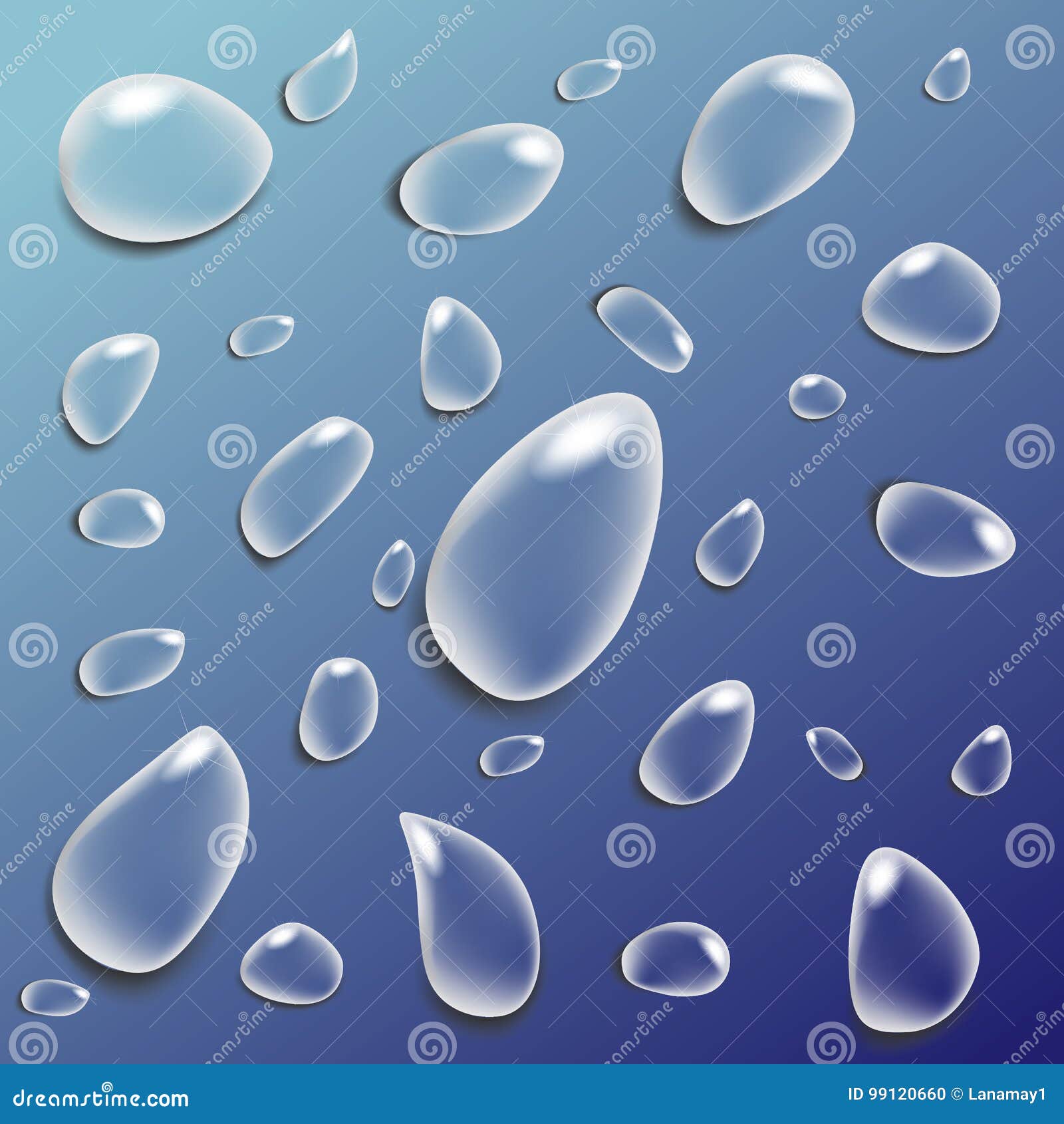 Transparent and Realistic Water Droplets on a Blue Background. Stock ...