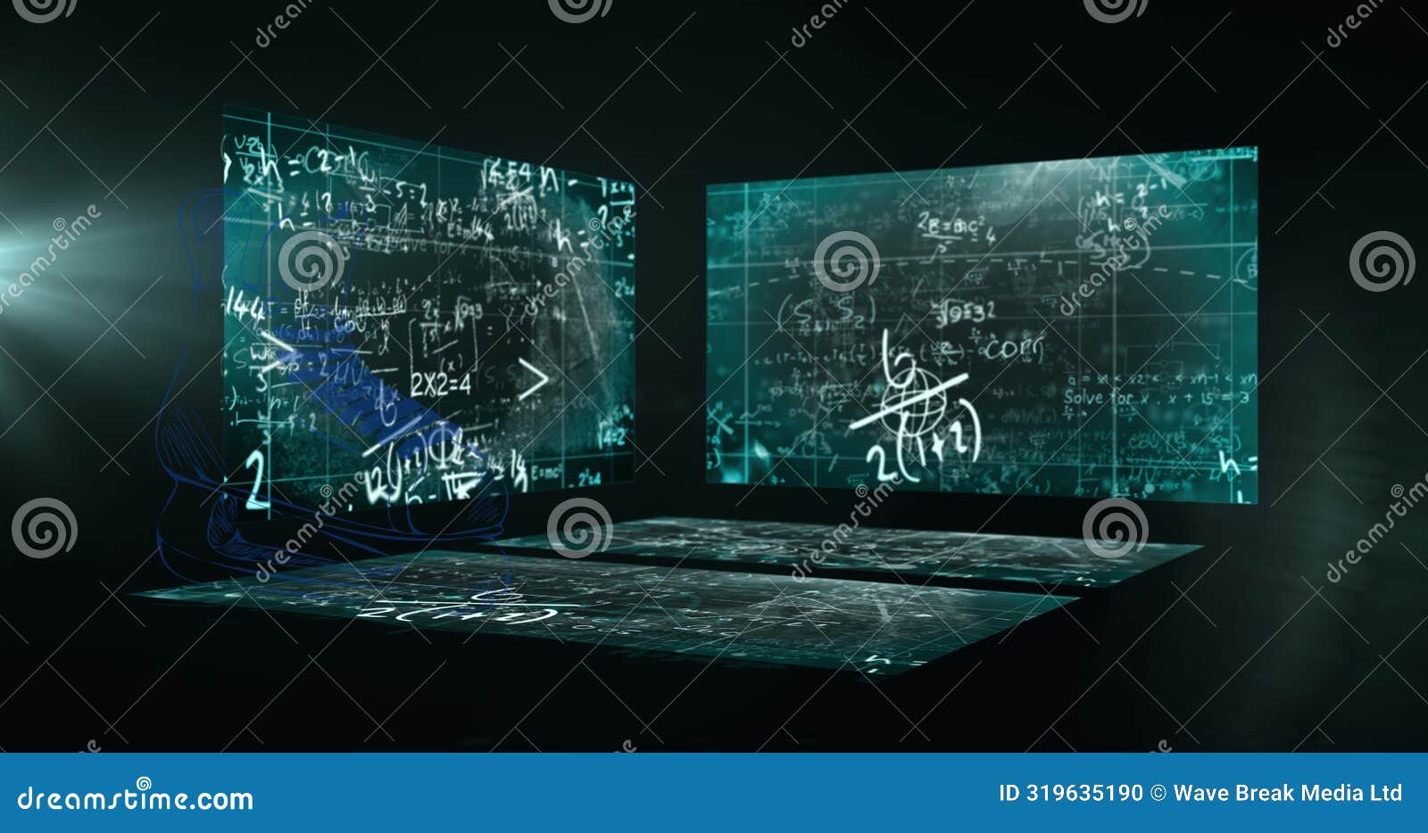 Transparent Screens Displaying Complex Math Formulas, Glowing in Dark ...