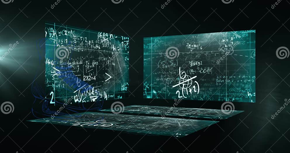 Transparent Screens Displaying Complex Math Formulas, Glowing in Dark ...