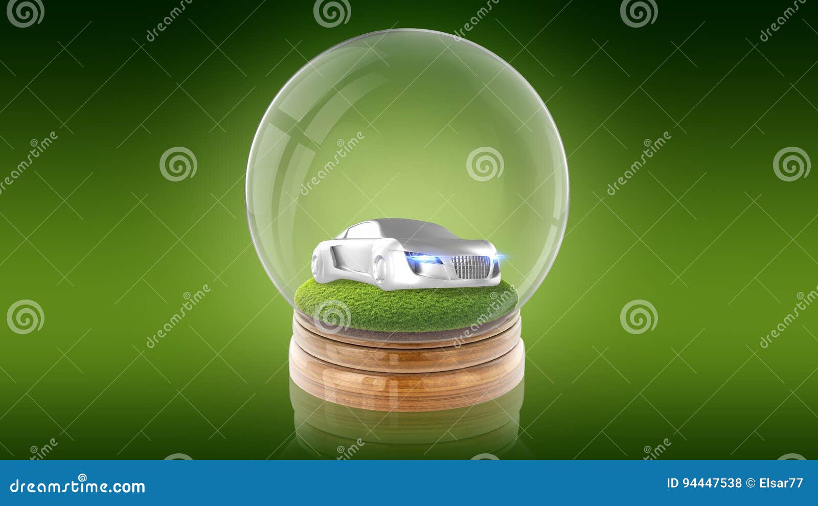 Transparent Sphere Ball with Car on the Grass Inside. 3D Rendering ...
