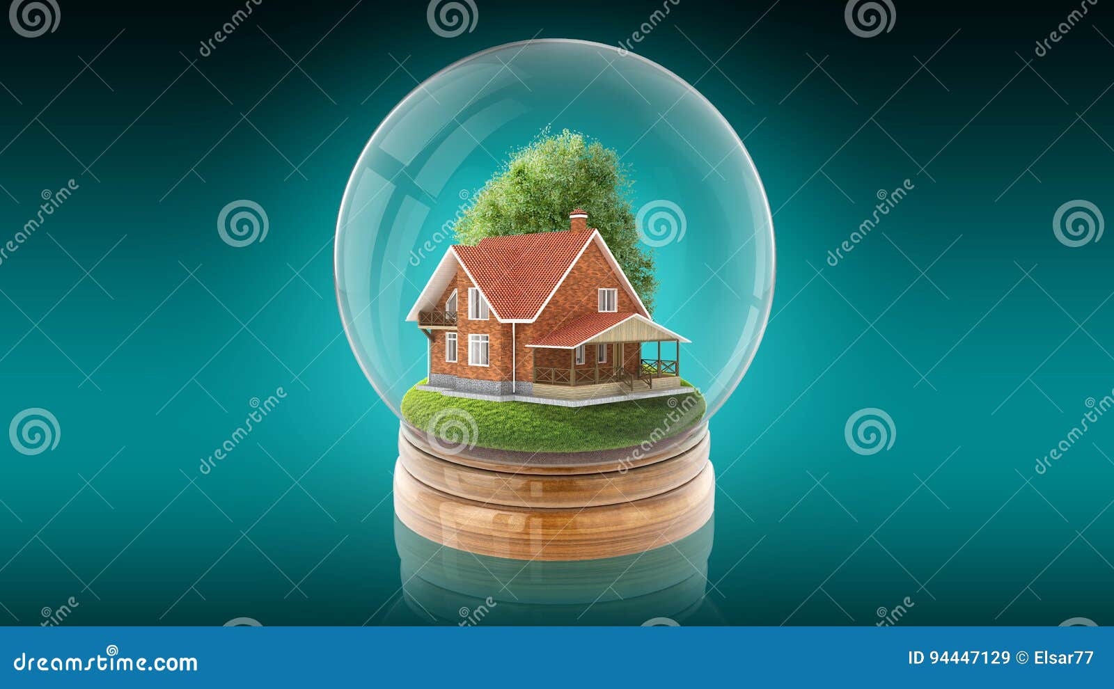 Transparent Sphere Ball with Wooden House Inside. 3D Rendering. Stock ...
