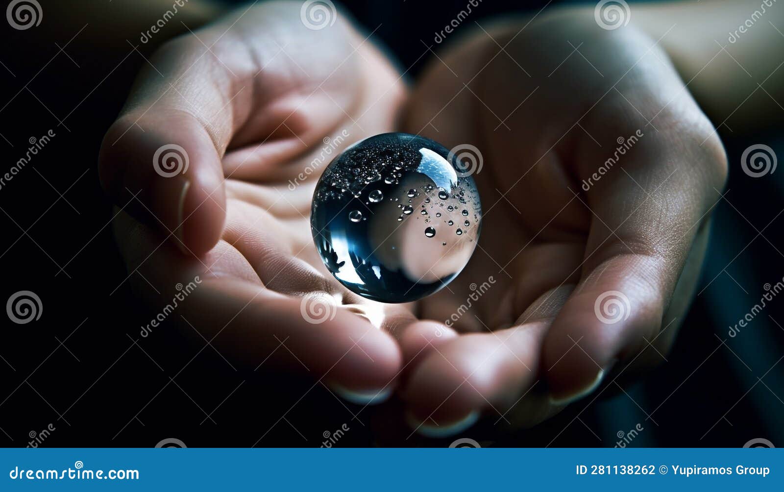 Transparent Sphere Held by Wet Human Hand Reflects Nature Beauty ...