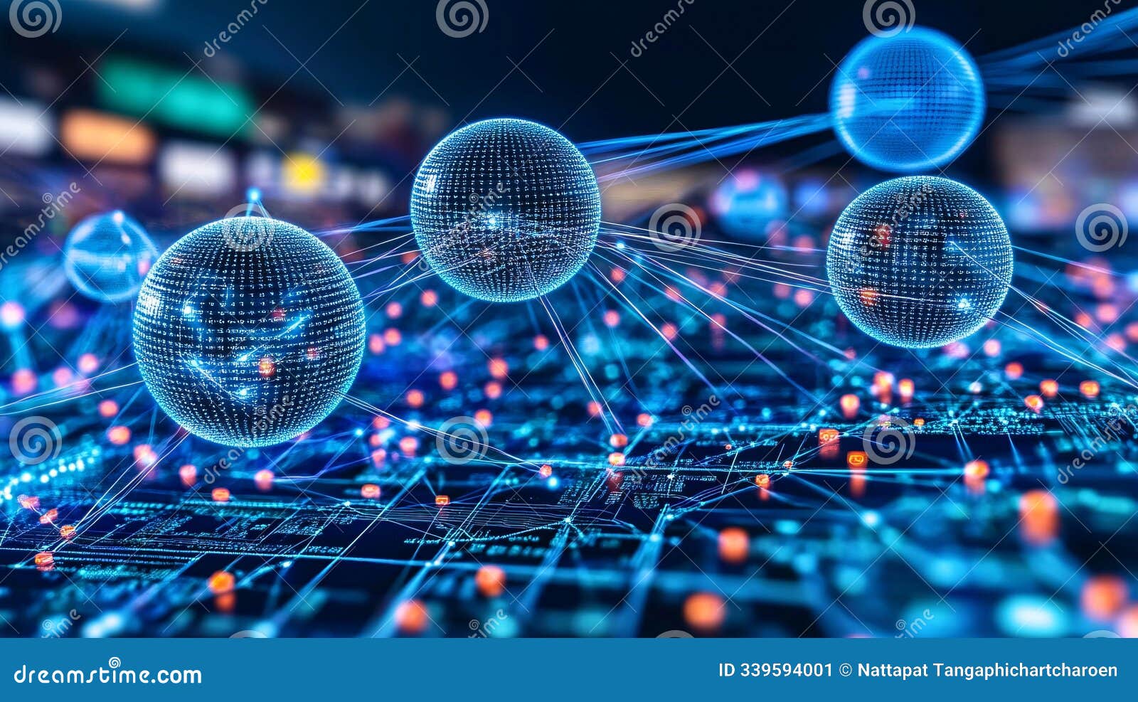 Transparent Spheres Float, Linked by Light Beams, Symbolizing Global Digital Communication and ...