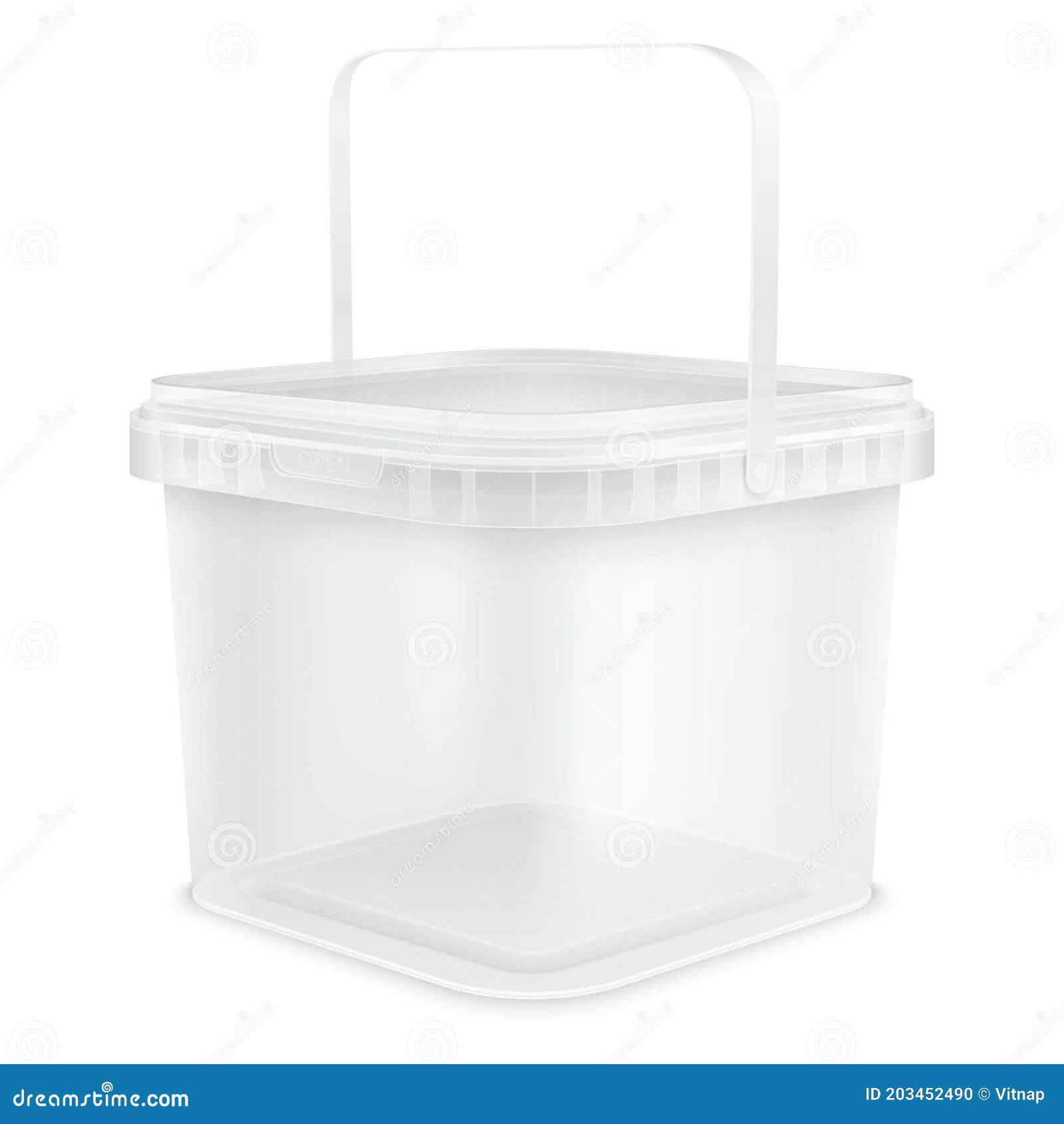 Transparent Square Empty Plastic Bucket with Handle. Front View from ...