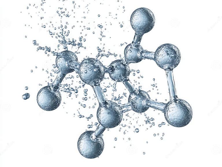 Transparent Water Molecule Structure with Splashes on White Background ...
