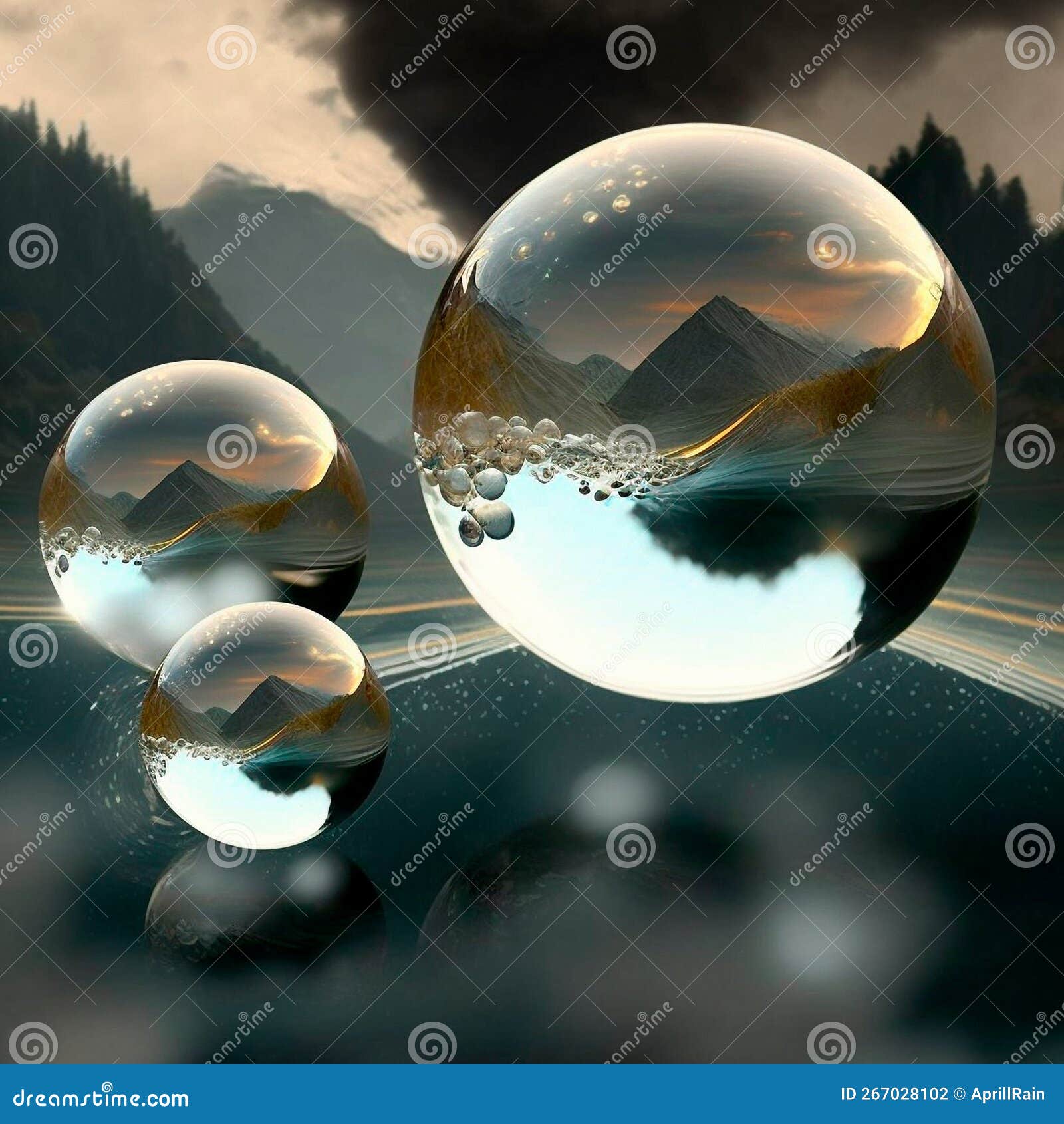 Transparent Water Spheres Against a Stunning Backdrop of Mountains and ...
