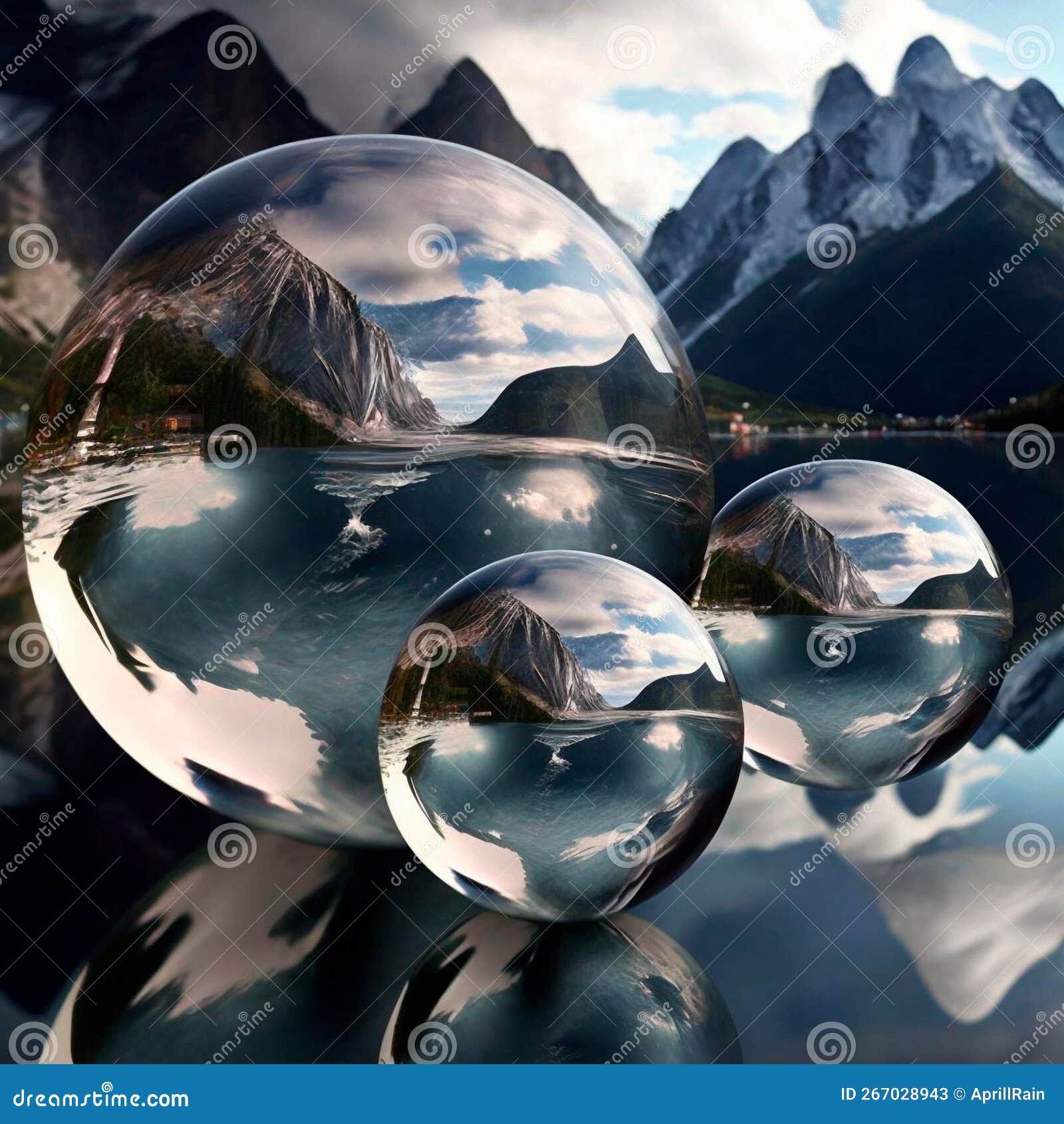 Transparent Water Spheres Against a Stunning Backdrop of Mountains and ...