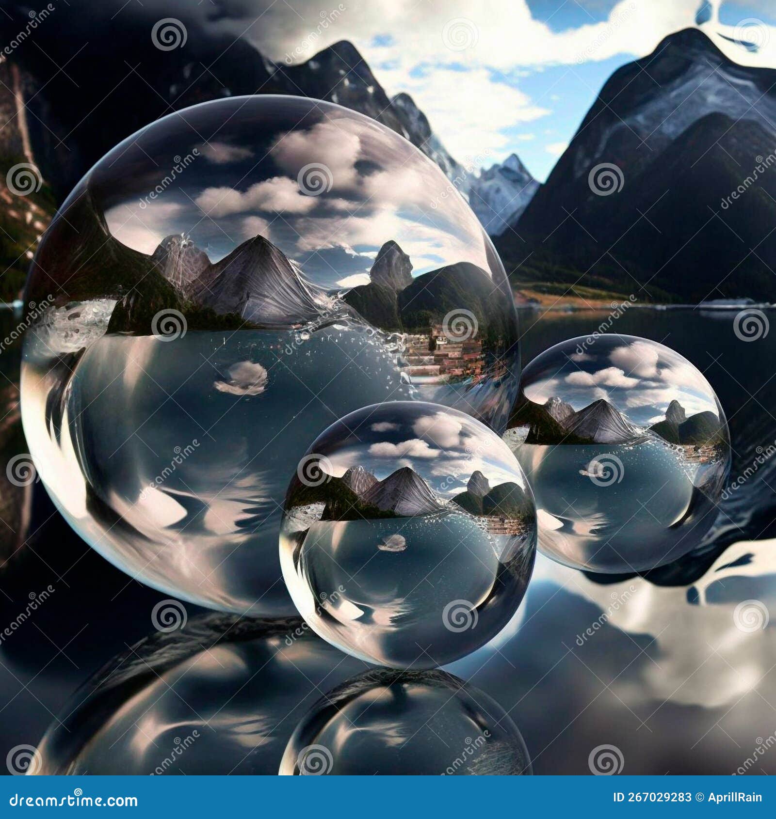 Transparent Water Spheres Against a Stunning Backdrop of Mountains and ...