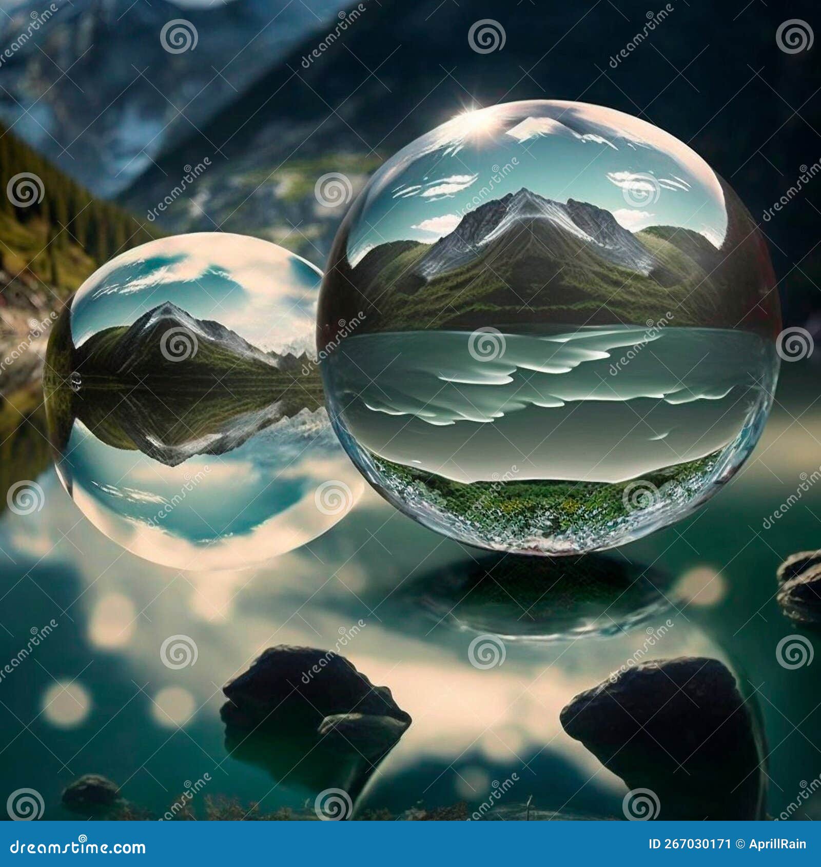 Transparent Water Spheres Against a Stunning Backdrop of Mountains and ...