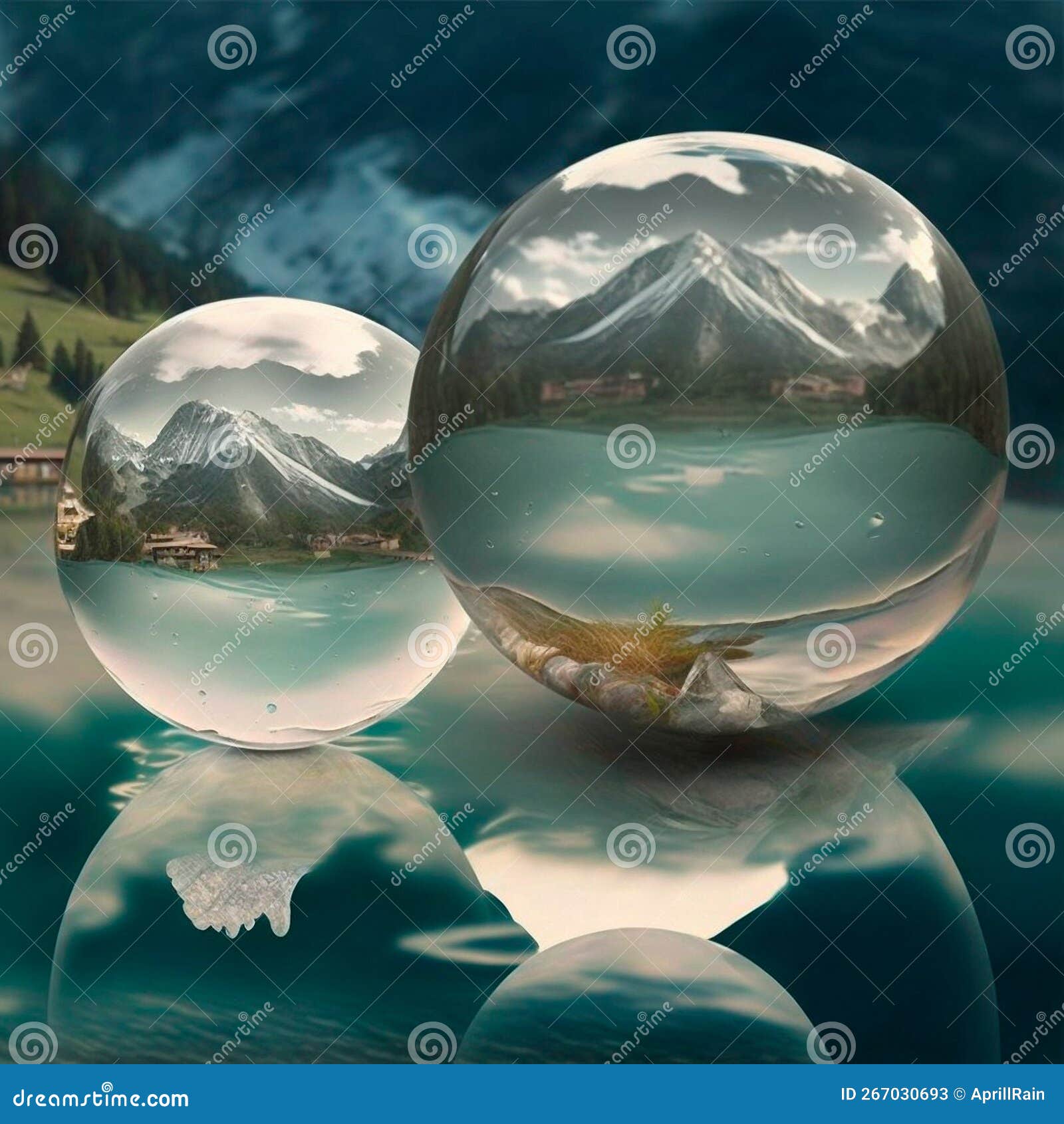 Transparent Water Spheres Against a Stunning Backdrop of Mountains and ...