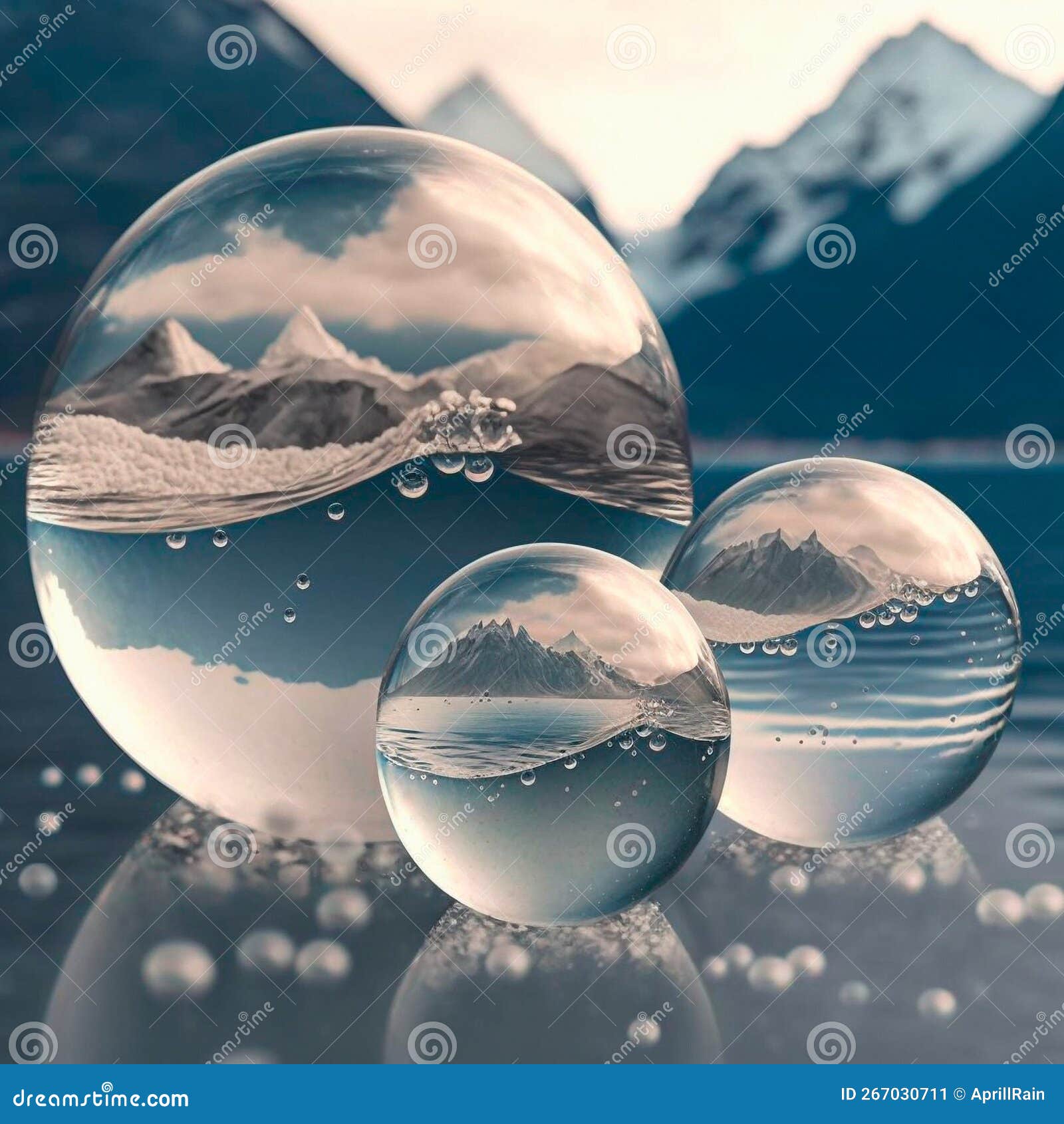 Transparent Water Spheres Against a Stunning Backdrop of Mountains and ...