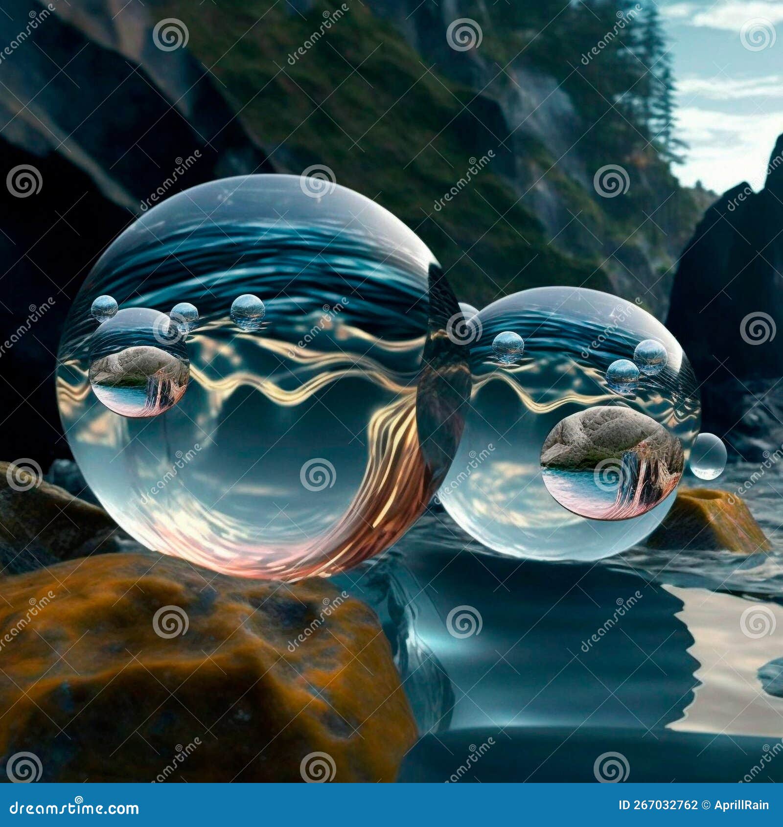 Transparent Water Spheres Against a Stunning Backdrop of Mountains and ...