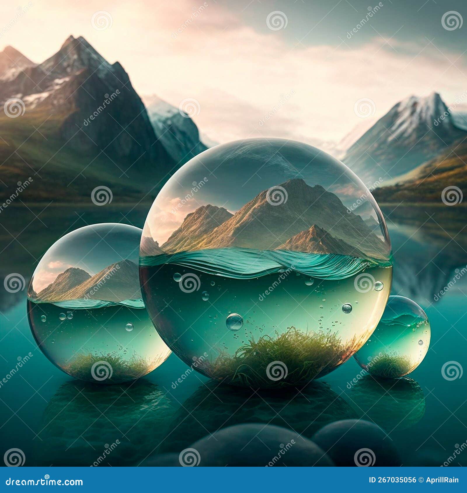 Transparent Water Spheres Against a Stunning Backdrop of Mountains and ...