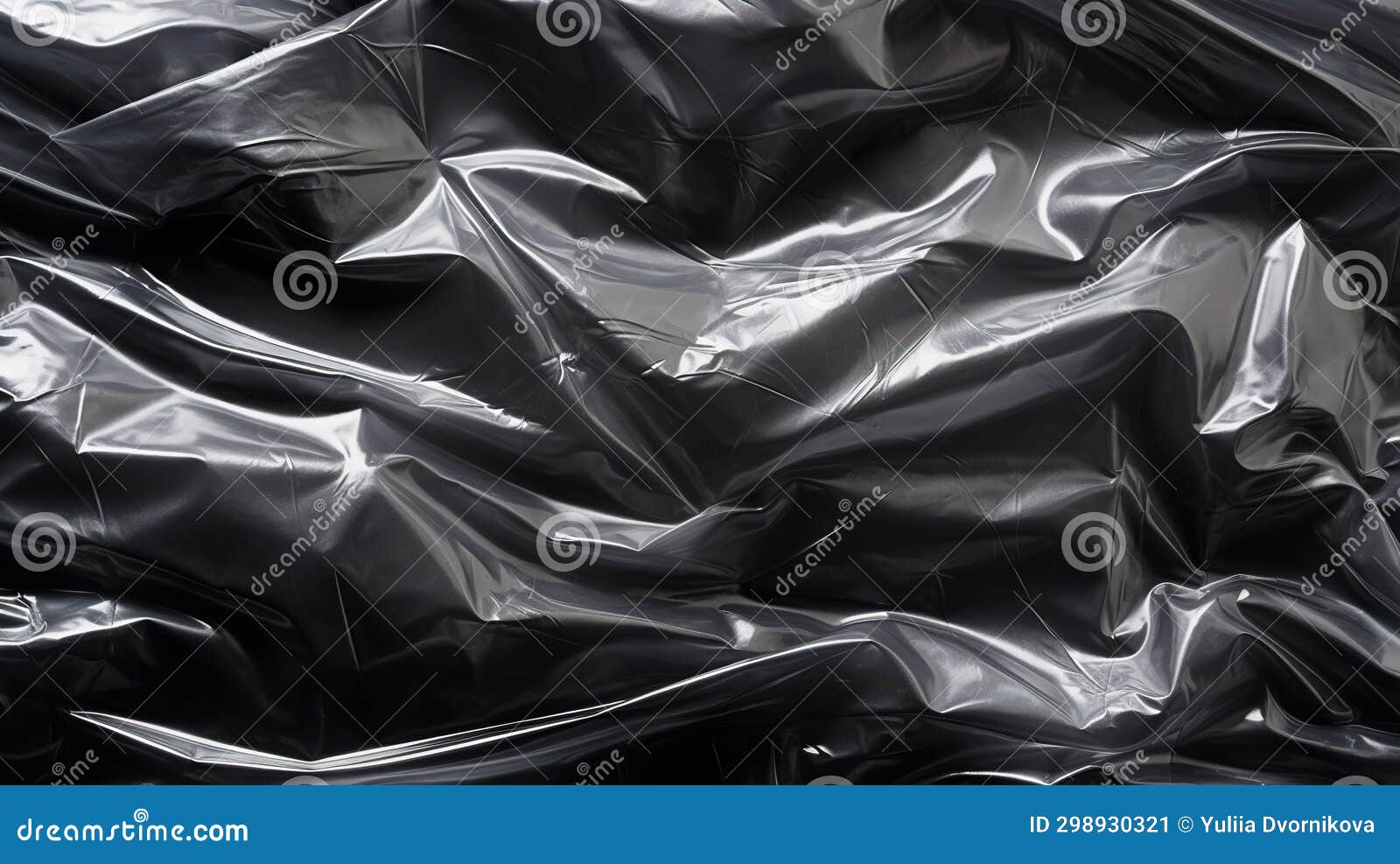 Transparent Wrinkled Plastic Wrap on Black Background. Crumpled Dark ...