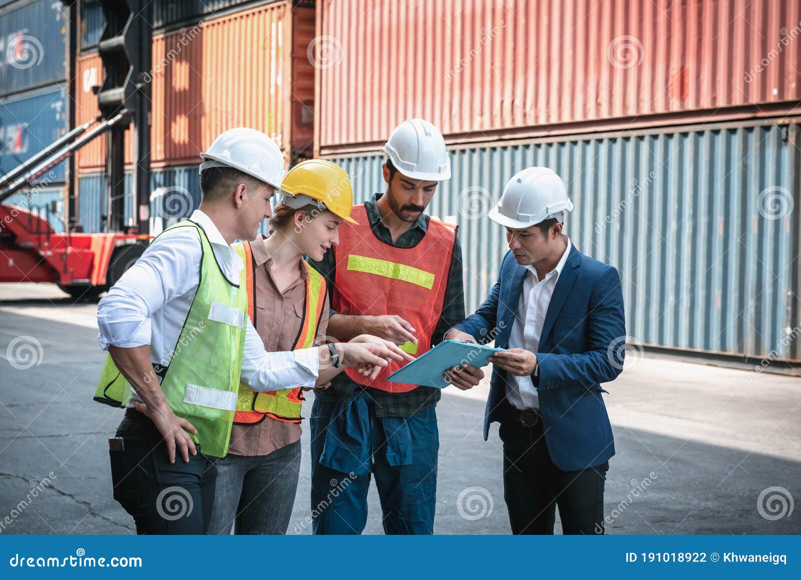 Transport Container Shipping Worker Team Meeting Discussion about ...