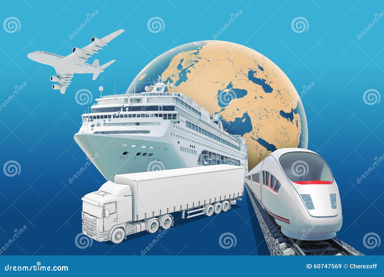 Transport with Earth Globe and Ship on Blue Stock Illustration ...