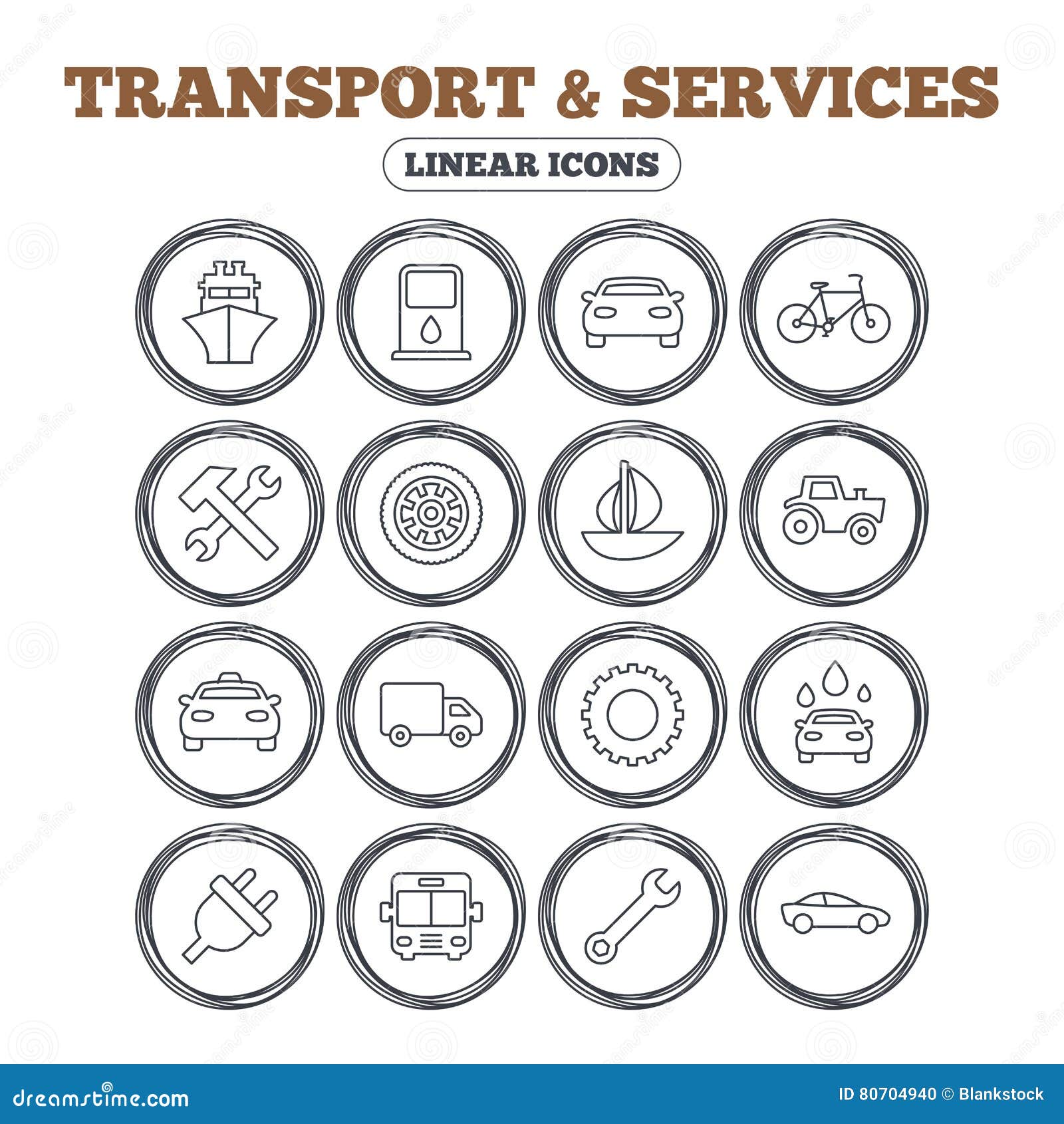 Transport Servicesymboler Skepp, Bil Och Buss Vektor Illustrationer ...