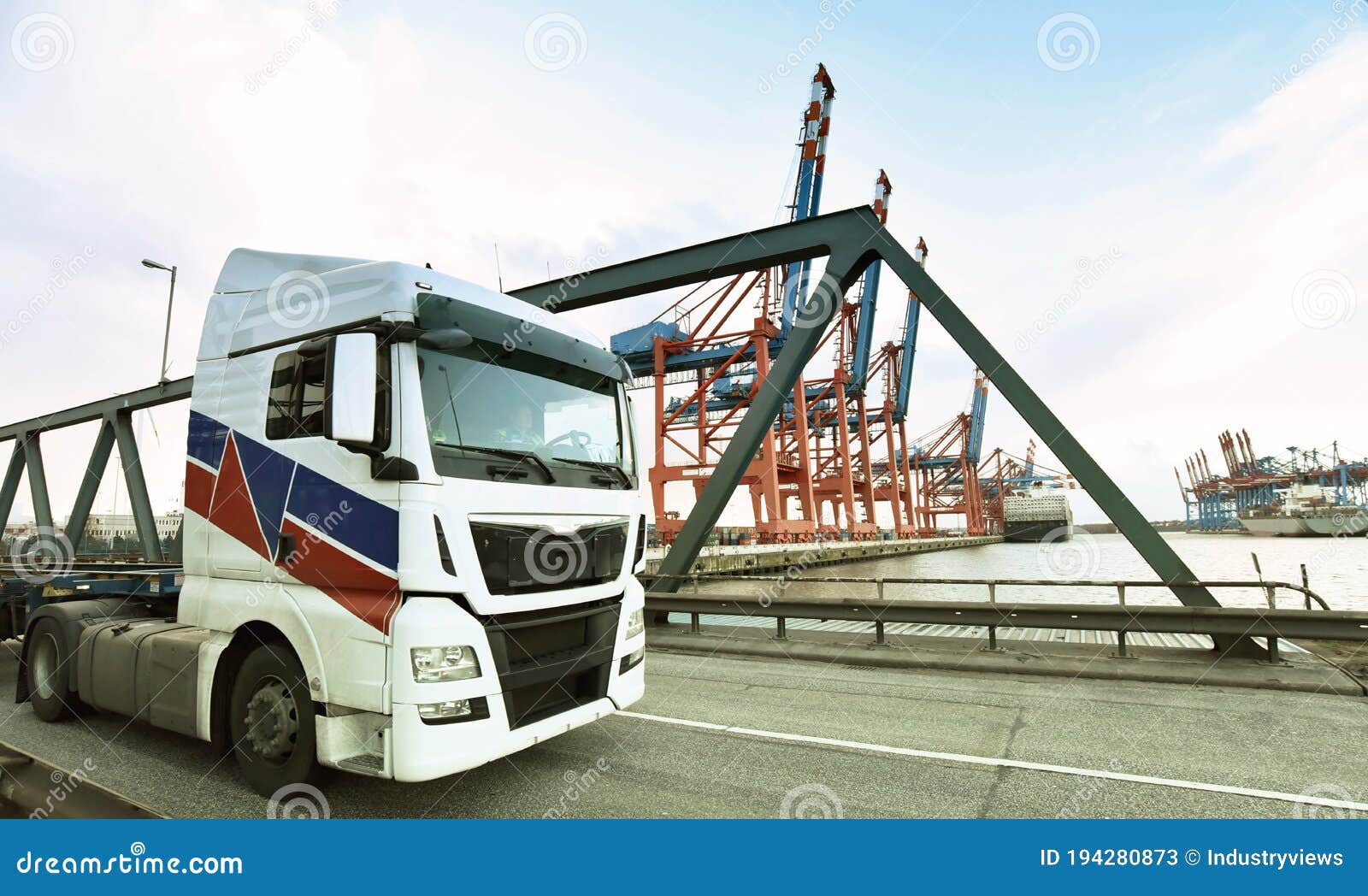 Transport And Traffic - Trucks On The Road And A Terminal With Ships In ...