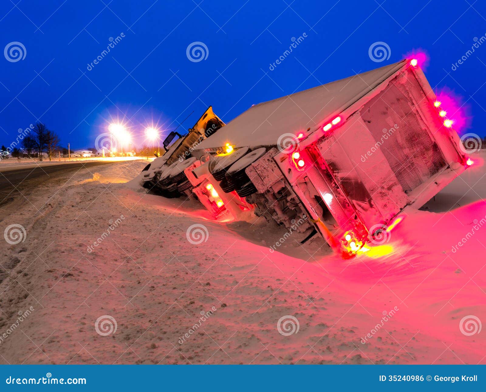 Transport Truck in Winter Ditch Evening Stock Photo - Image of road ...