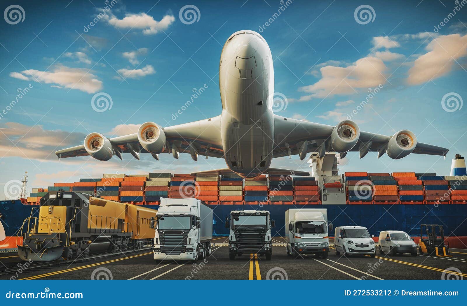 Transport Trucks of Various Sizes Ready To Ship with a Transport Plane ...