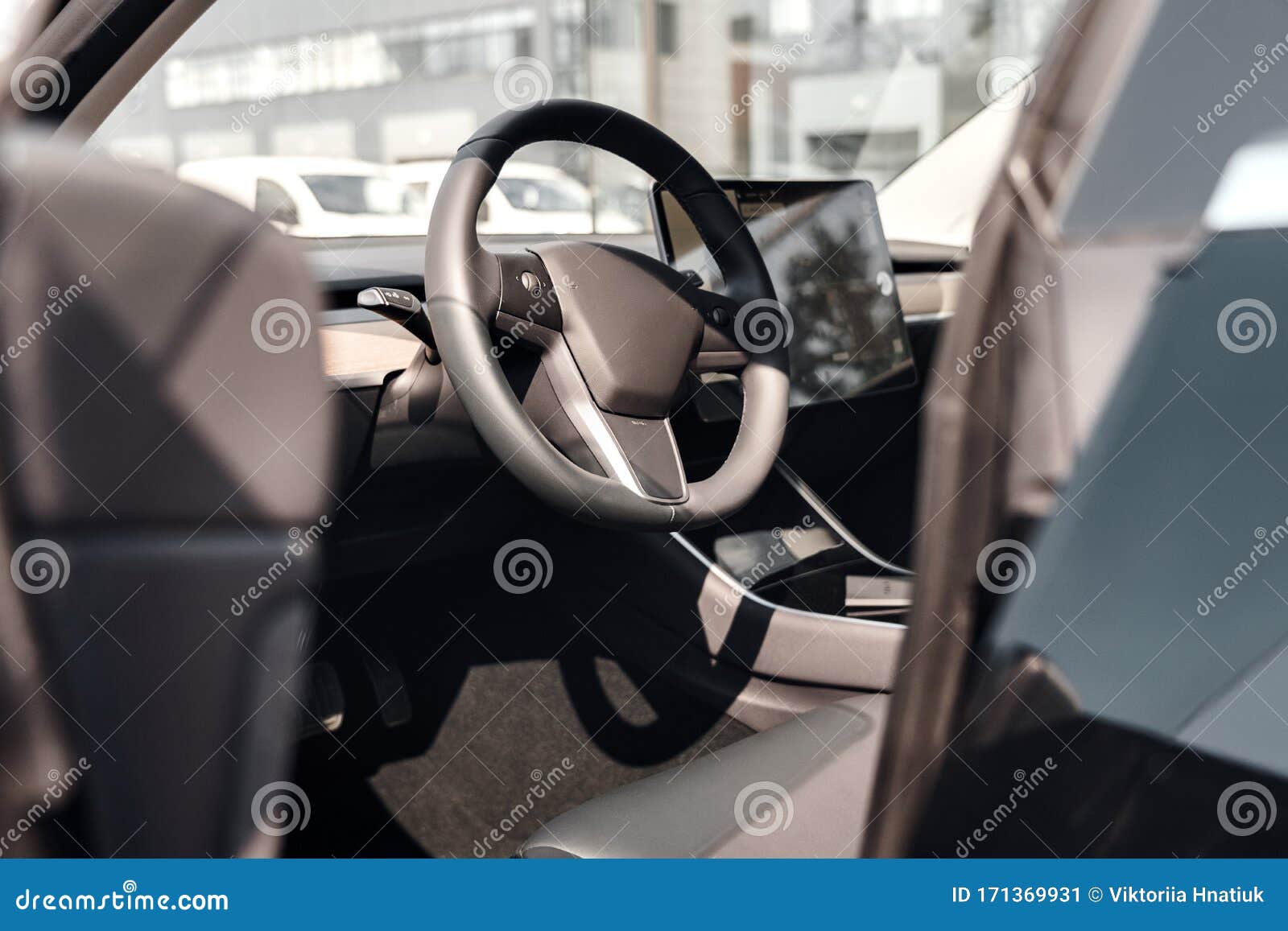 Transportation. Car Interior Steering Wheel and Autopilot System Close ...