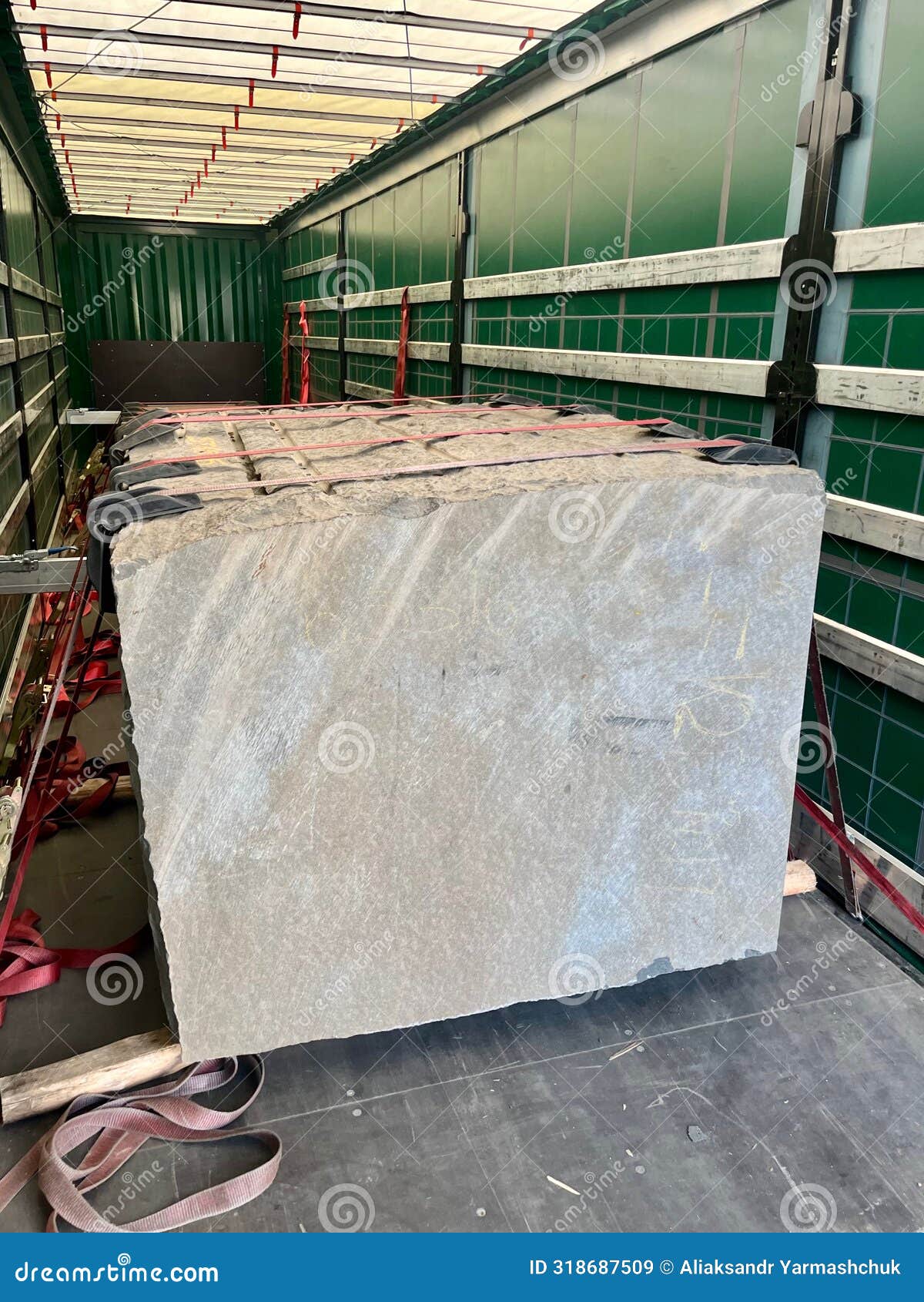 Transportation of Granite Stones in a Semi-trailer. Semi-trailer with ...
