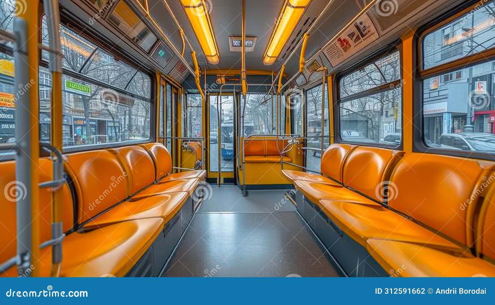 Transportation Hub: Interior View of Bus and Tram, Ready for Passengers ...