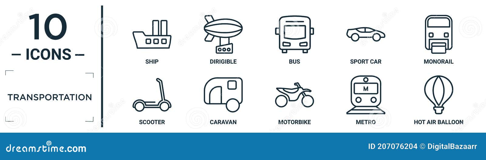 Transportation Linear Icon Set. Includes Thin Line Ship, Bus, Monorail ... Transportation Linear Icon Set. Includes Thin Line Ship, Bus, Monorail ...