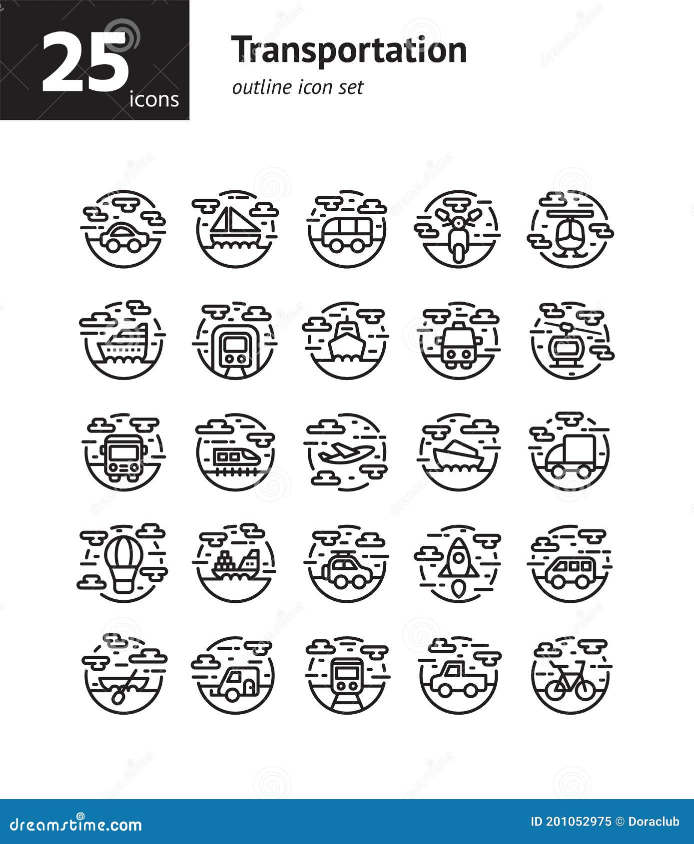 Transportation Outline Icon Set. Stock Vector - Illustration of ...